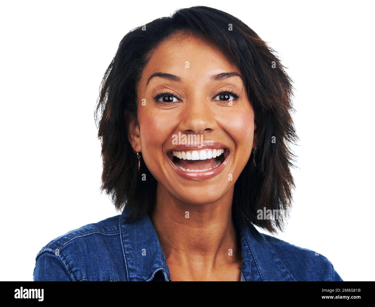 Portrait, face and surprise with an excited black woman looking ...