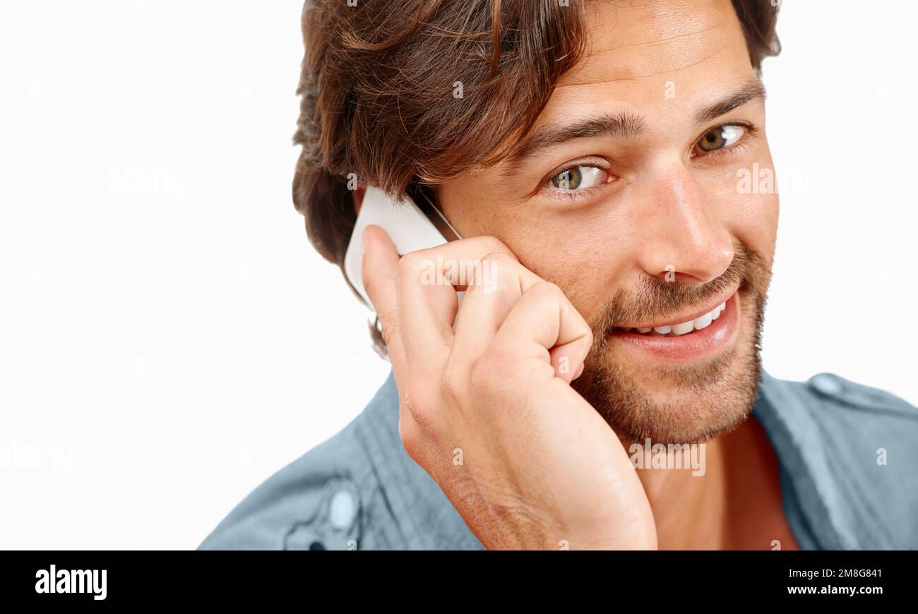 Phone call, communication and face portrait of man talking, speaking or ...