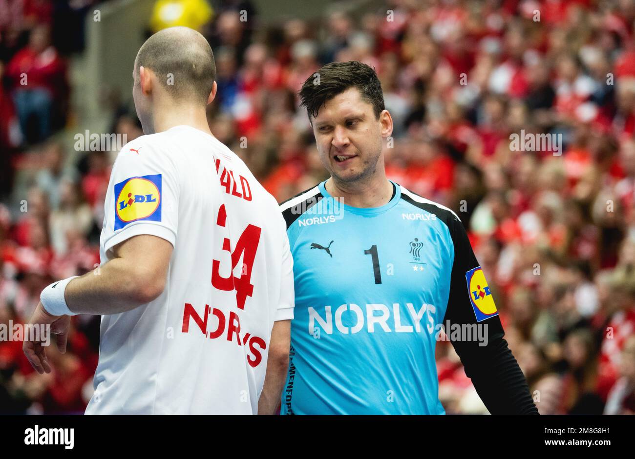 Malmo, Sweden. 13th Jan, 2023. Niklas Landin (1) and Simon Hald (34) of Denmark seen during the ...