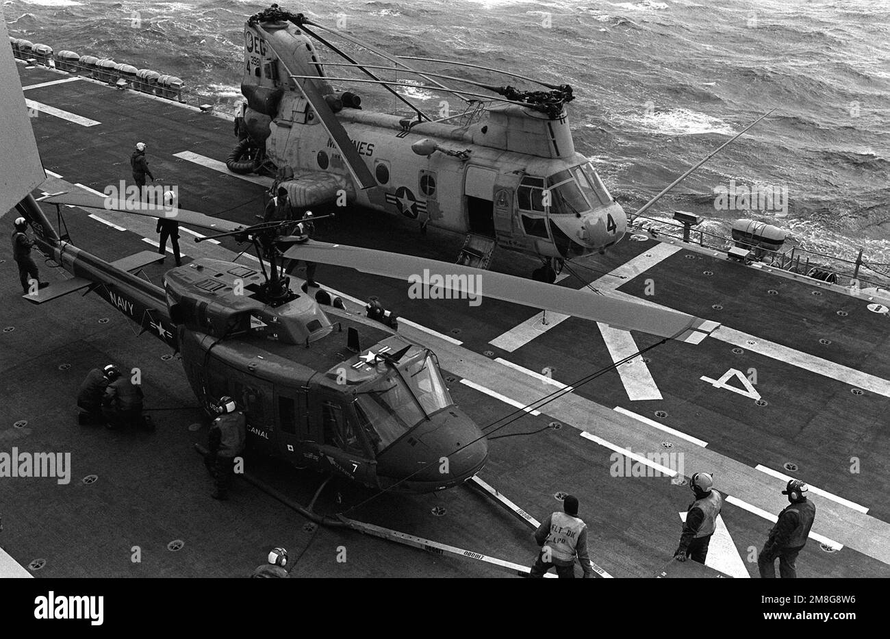 A view looking down on the flight deck of the amphibious assault ship ...