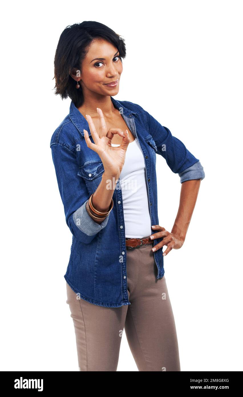 Hand sign, ok meme and portrait of woman with smile on face, agreement ...