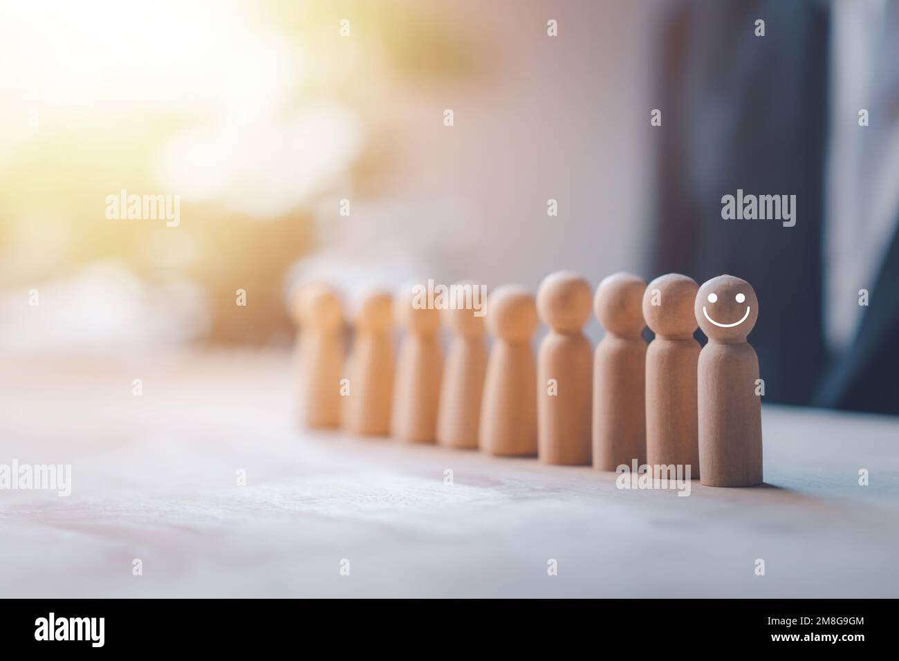 HR manager (human resources) or Employer. Wooden doll wite face smile ...