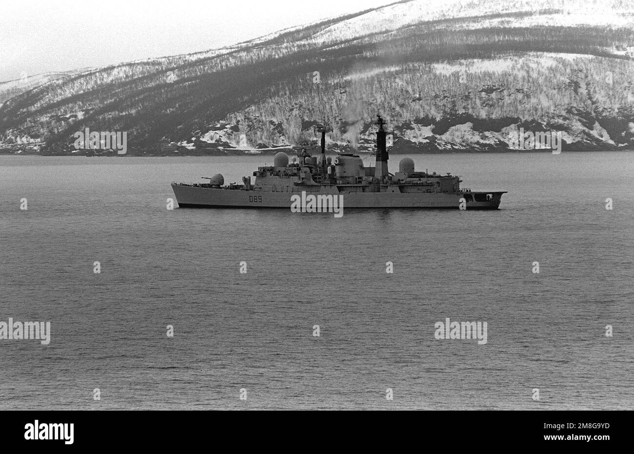 A port side view of the United Kingdom type 42B guided missile ...