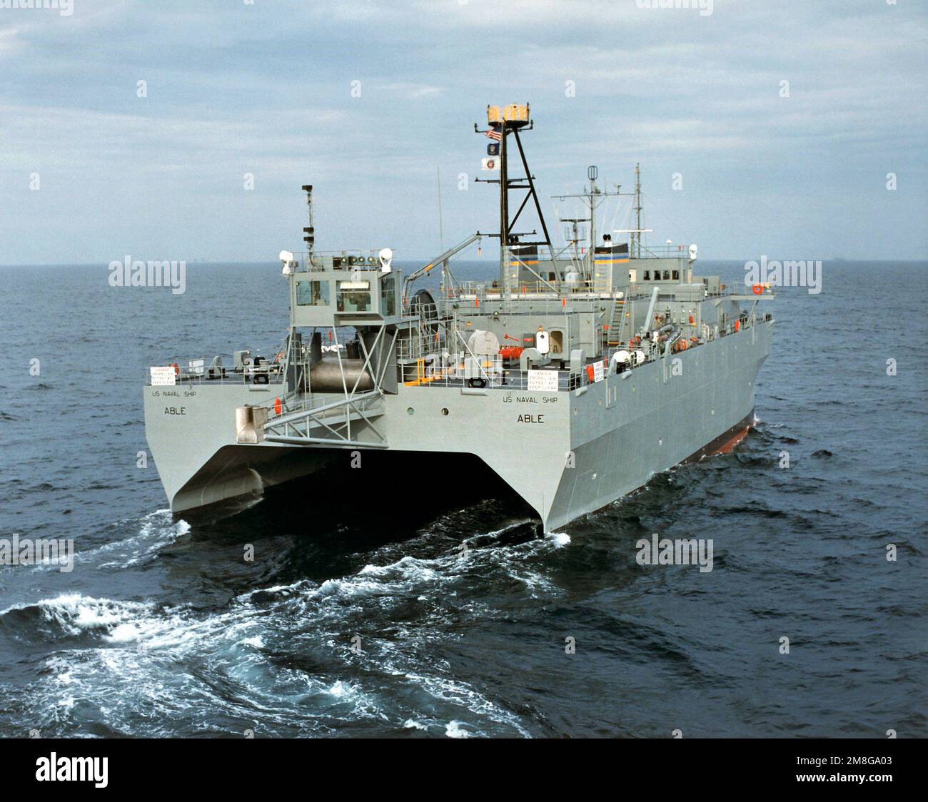 A starboard quarter view of the ocean surveillance ship USNS ABLE (T-AGOS-20) of the Military ...