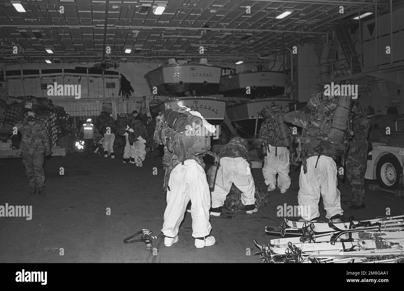 A detachment of U.S. Marines, with snow ski's and alpine gear, prepare ...