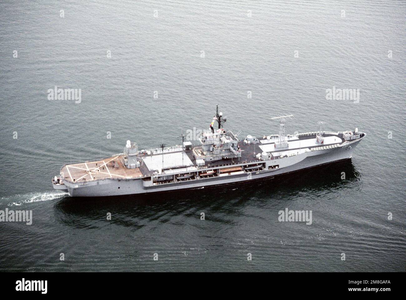An aerial starboard view of the amphibious command ship USS BLUE RIDGE ...