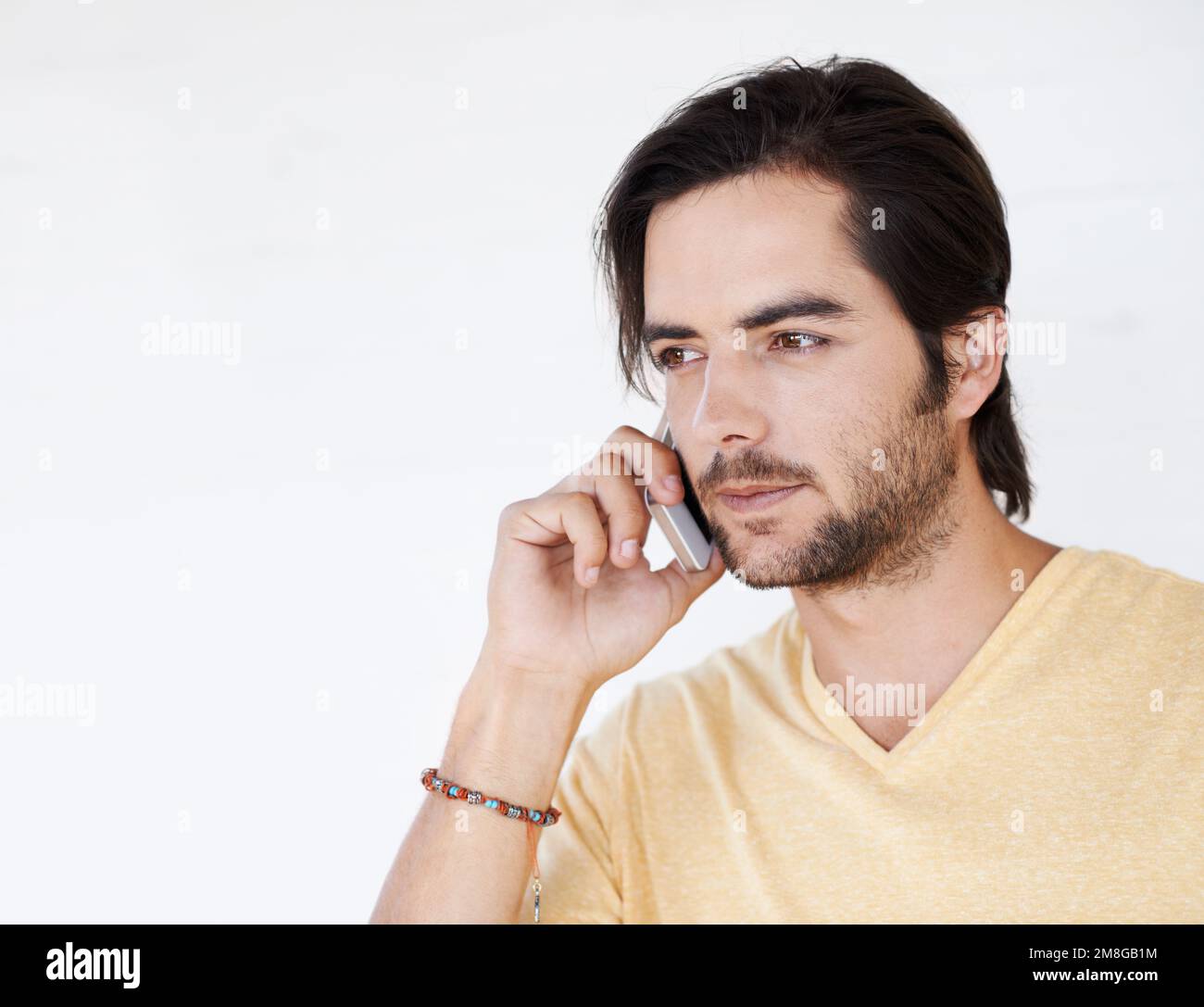 Phone call communication, face and man talking, speaking or studio chat ...