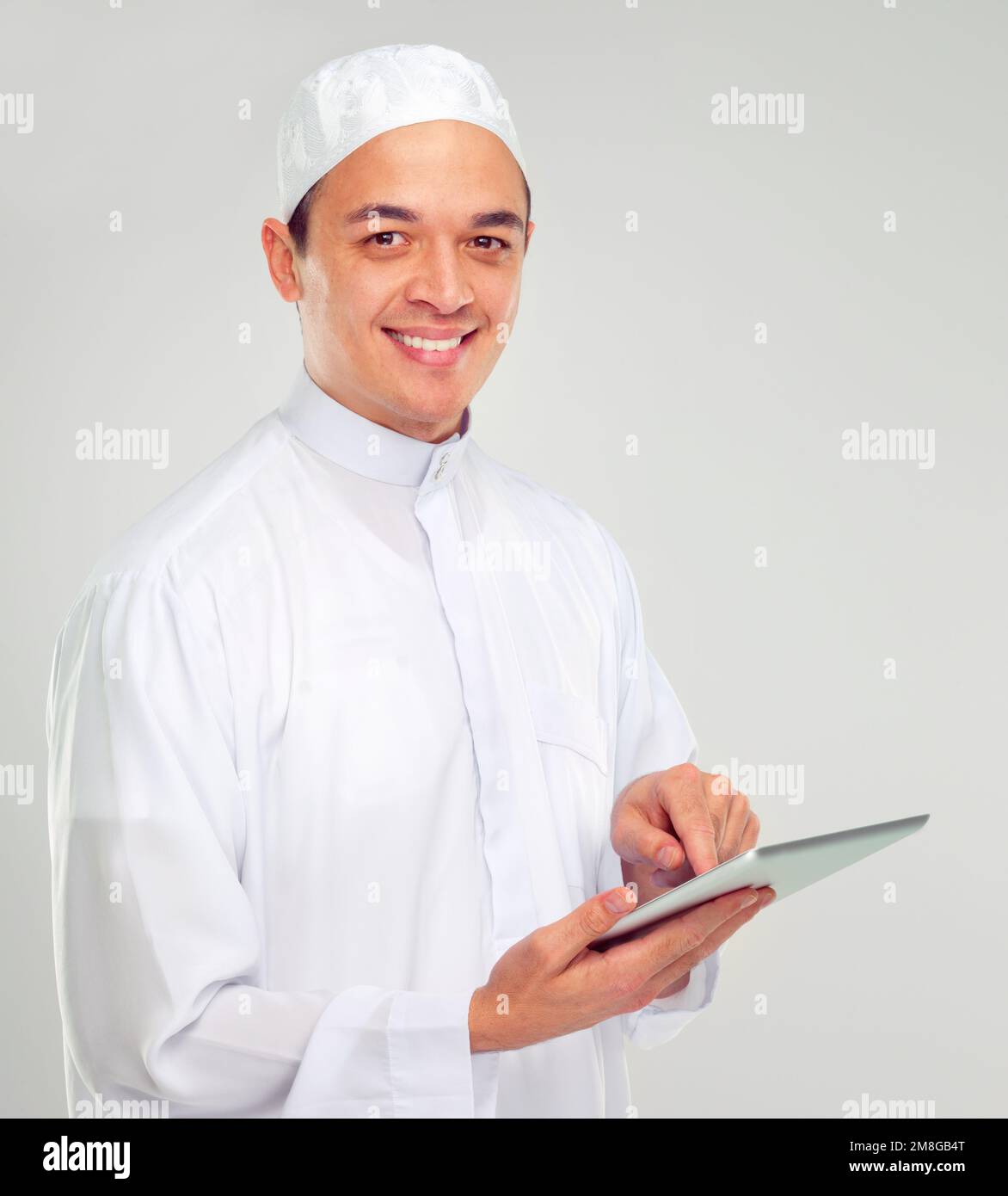 Islamic man, tablet and happy portrait for Muslim reading, education or ...