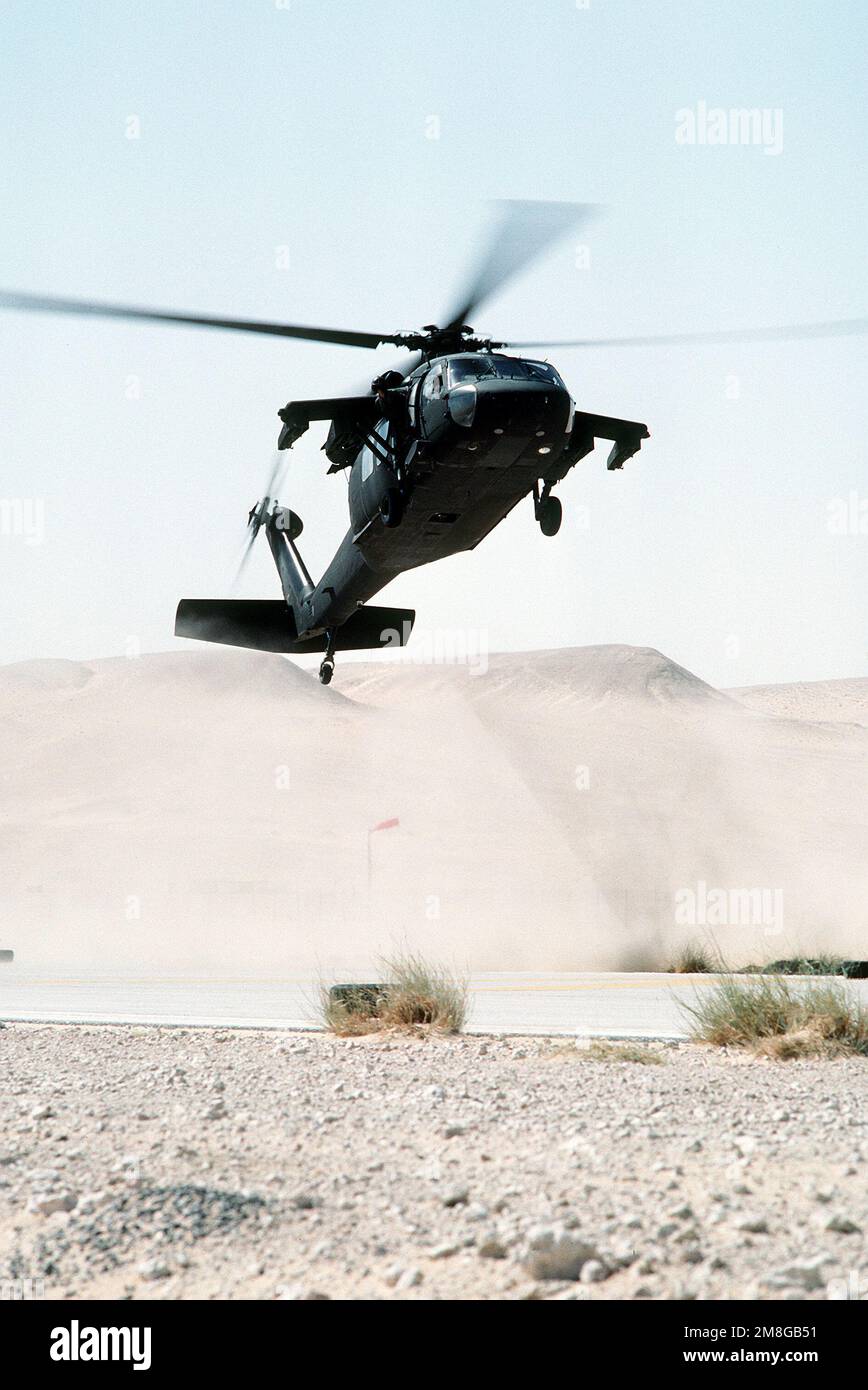 A UH-60A Black Hawk (Blackhawk) helicopter lifts off as the 82nd ...
