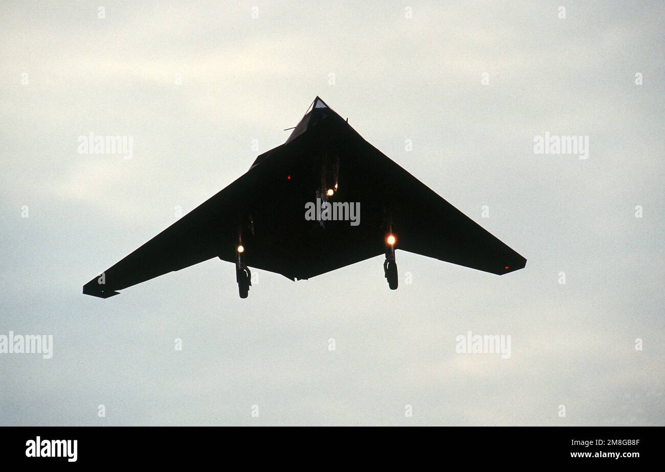An underside view of an F-117A Stealth fighter aircraft from the 37th ...