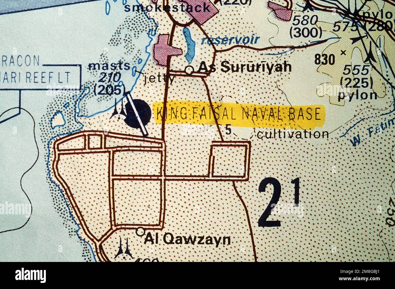 A close-up view of a map used during Operation Desert Shield, depicting ...