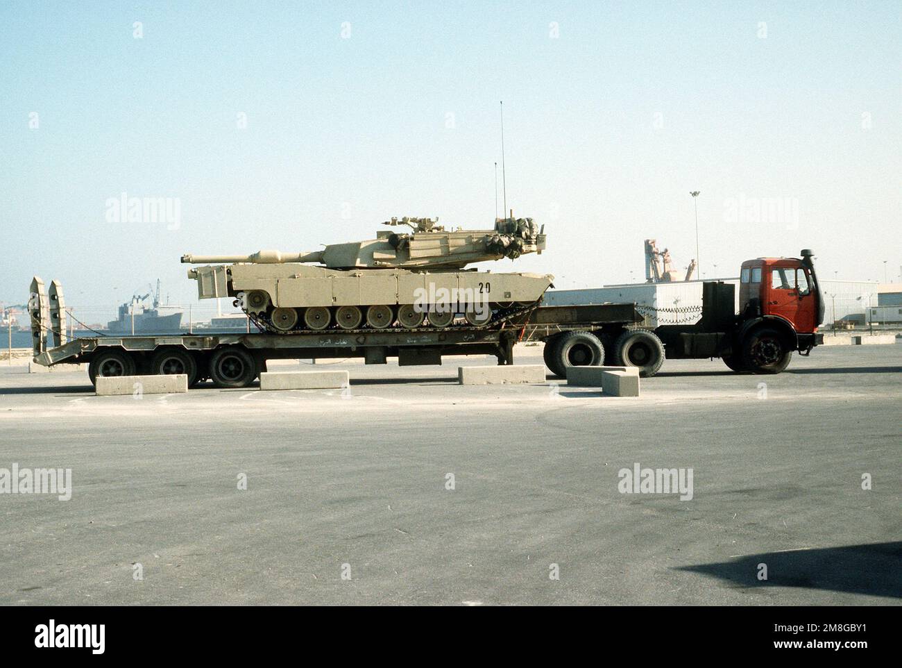 An M-1A1 Abrams main battle tank arrives on a Saudi transport truck ...