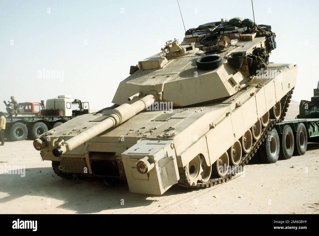 An M-1A1 Abrams main battle tank arrives on a Saudi transport truck ...