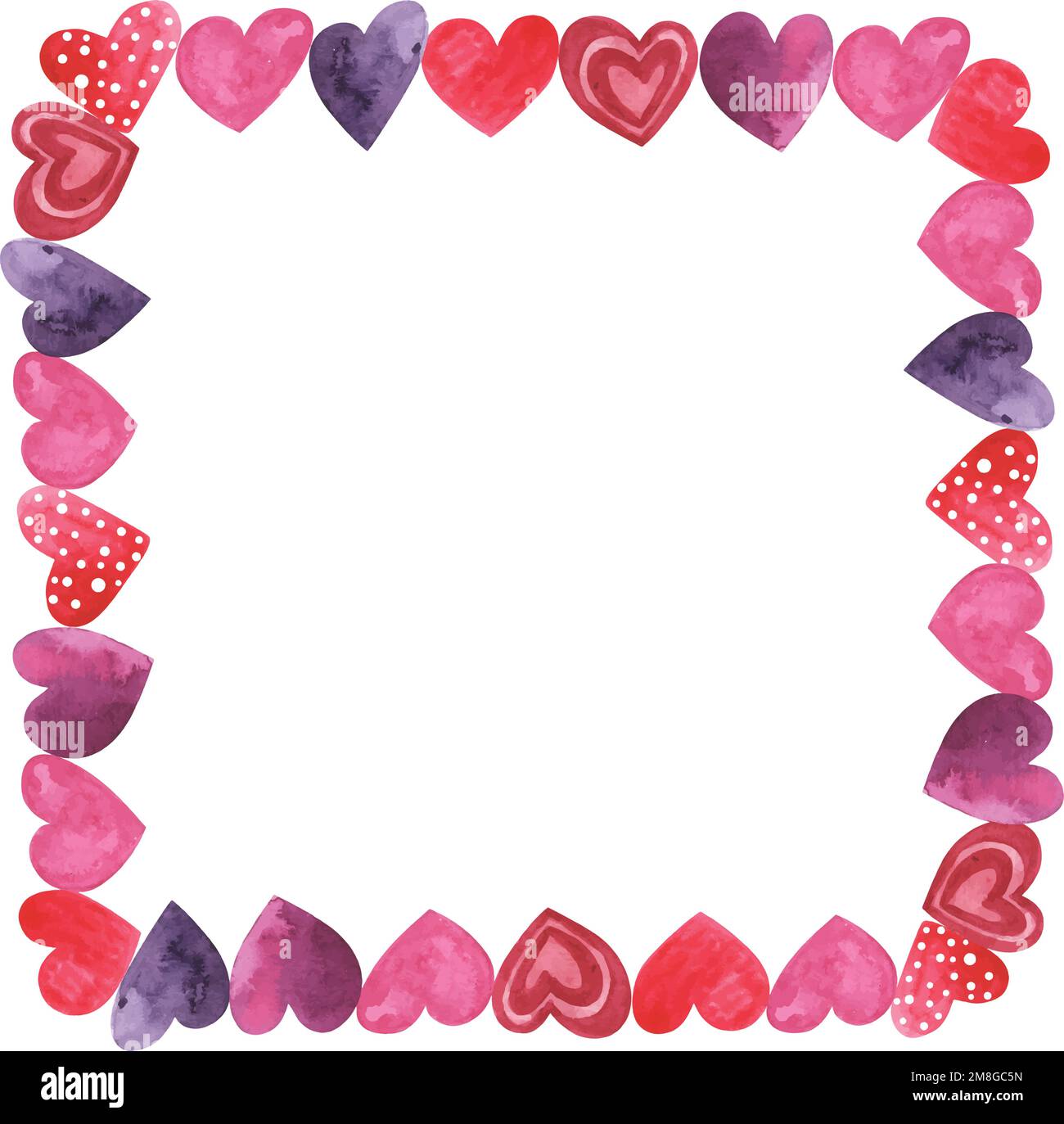 square frame made of hand painted watercolor hearts. Cute and romantic ...