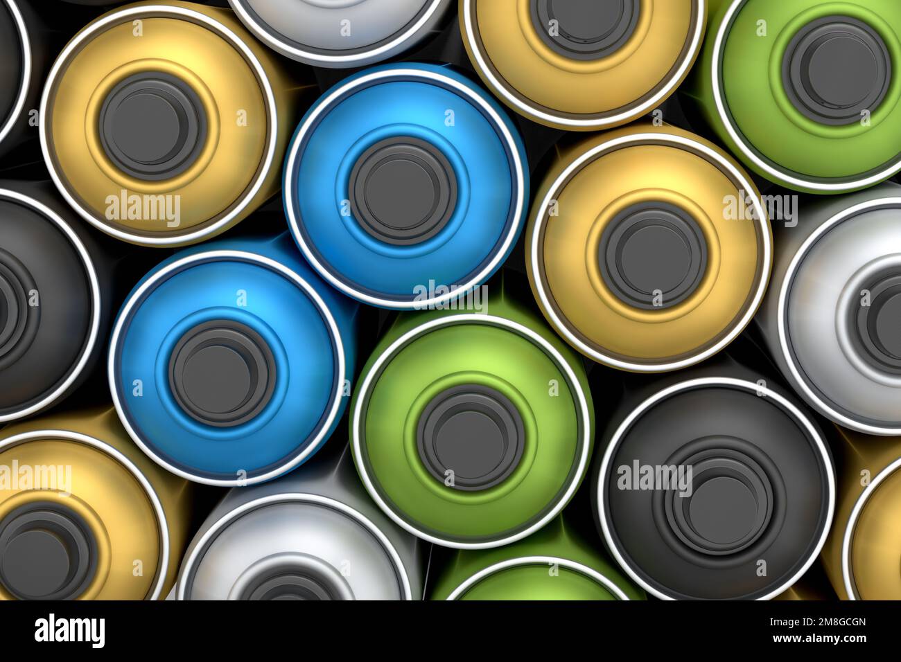 Set of colorful spray paint cans in row on white background. 3d render ...