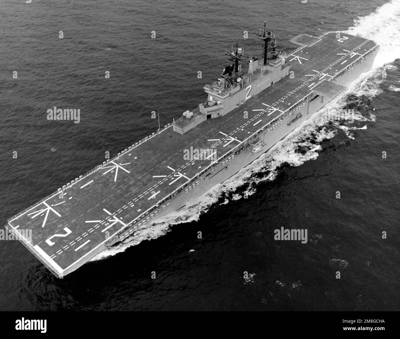 An elevated port bow view of the amphibious assault ship ESSEX (LHD-2 ...
