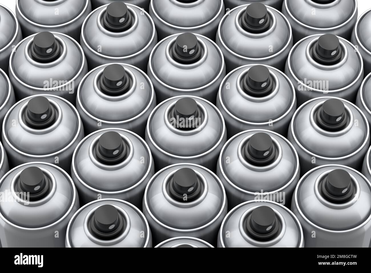 Set of silver spray paint cans in row on white background. 3d render ...