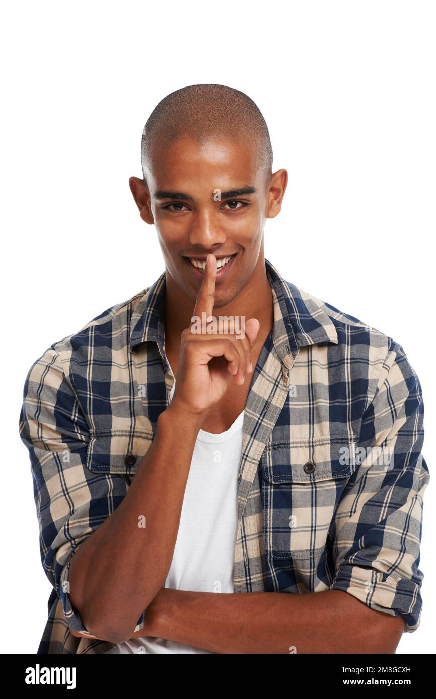 Quiet, secret and portrait of a black man with fingers on lips on a ...