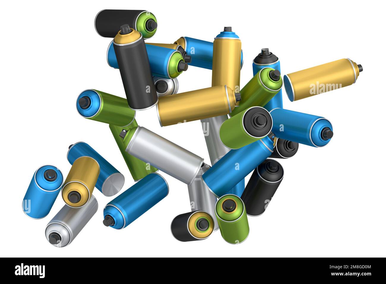 Lots of flying spray paint cans on white background. 3d render spray ...