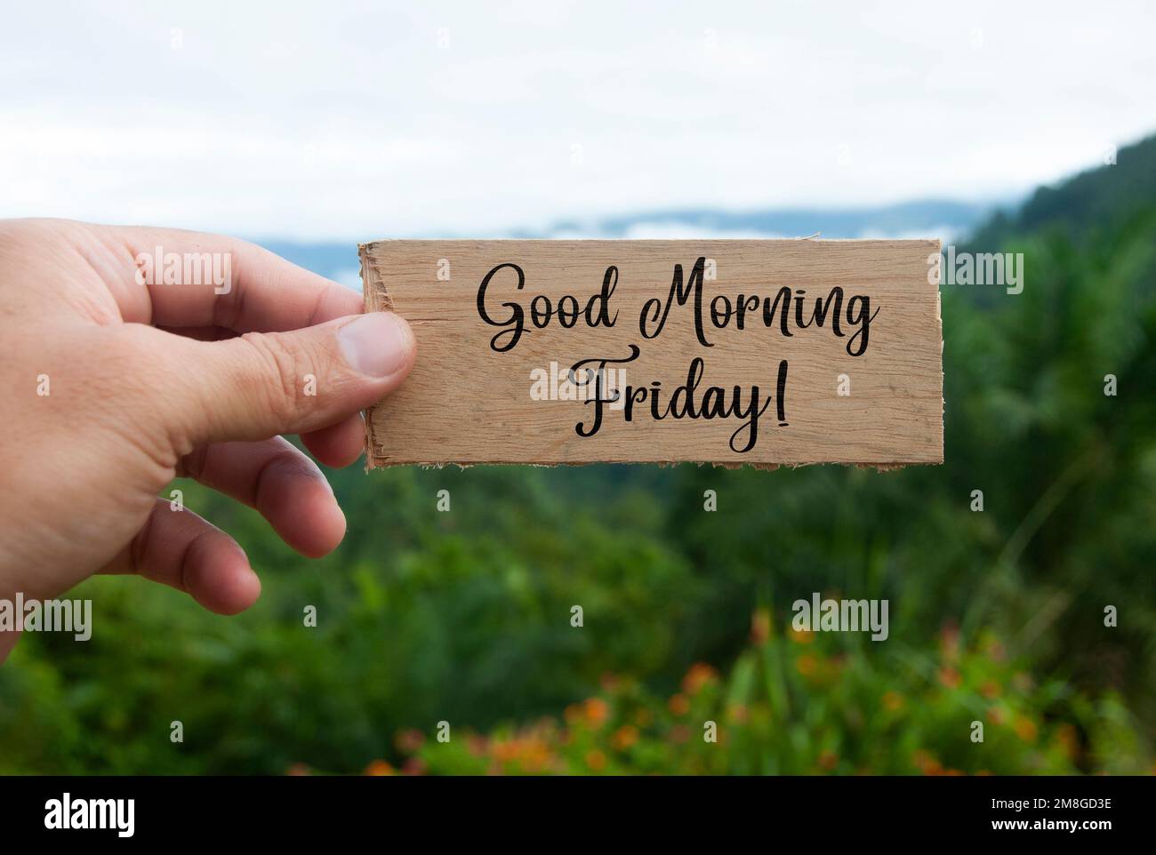 Hand holding wooden banner with Good Morning Friday text. With ...