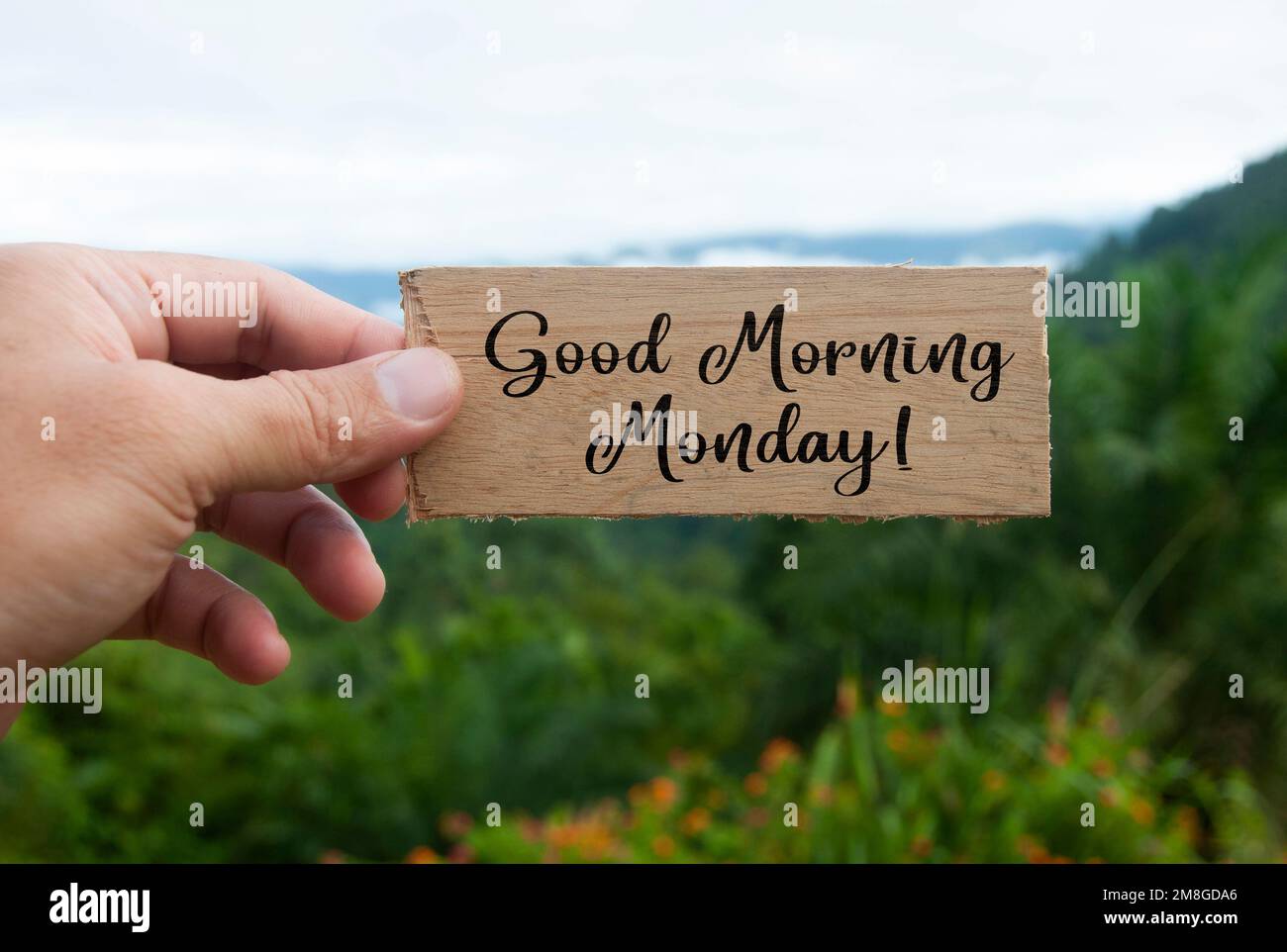 Hand holding wooden banner with Good Morning Monday text. With ...