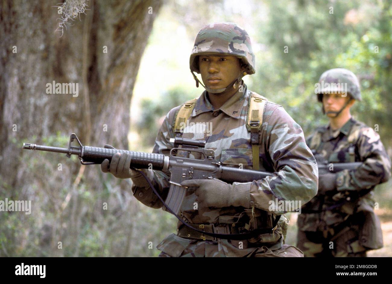 Marines of the Security Force Company patrol in the woods with M-16A2 ...