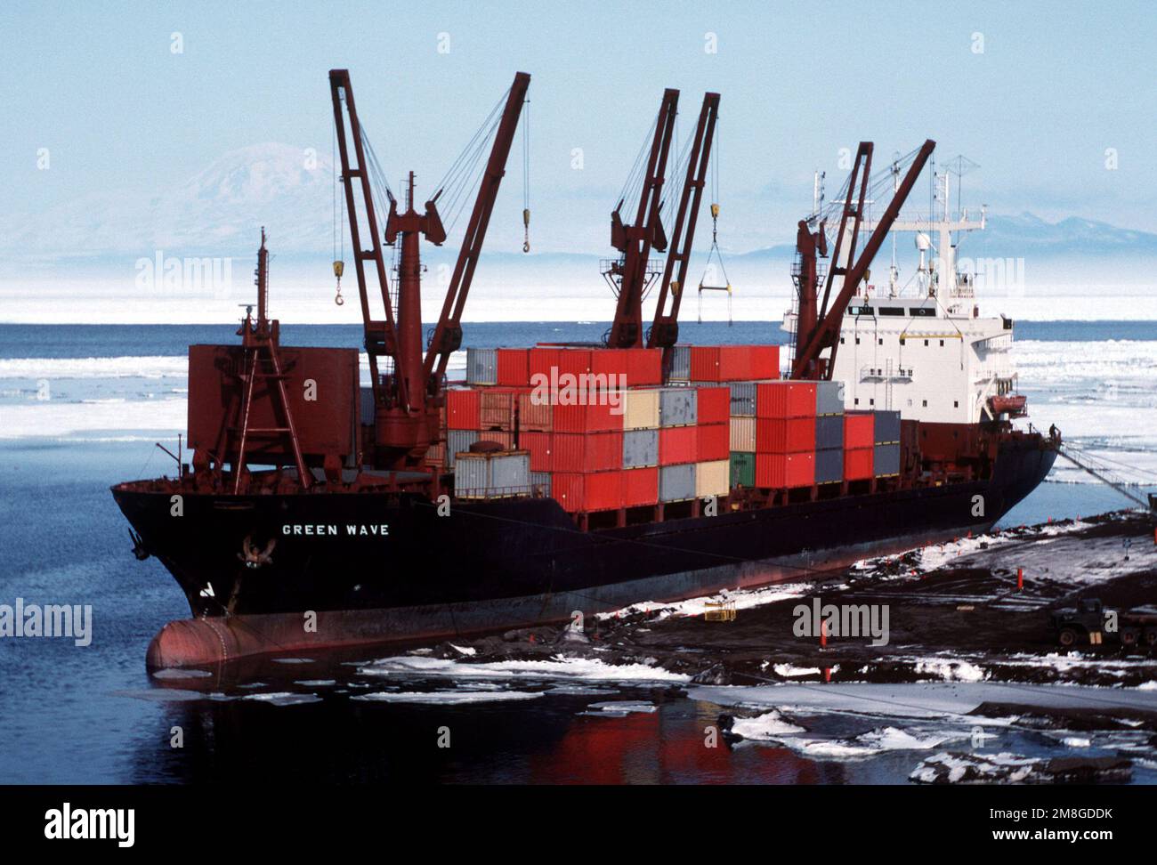The Military Sealift Command-chartered vessel GREEN WAVE stands moored ...