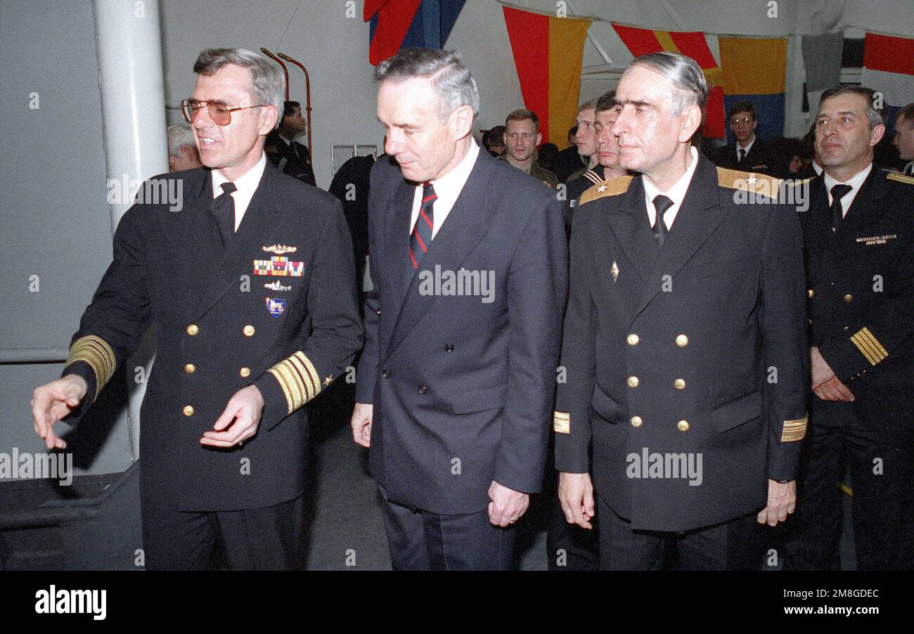 VADM William A. Owens, commanding officer, 6th Fleet, talks with Kenneth Hill, U.S. ambassador ...