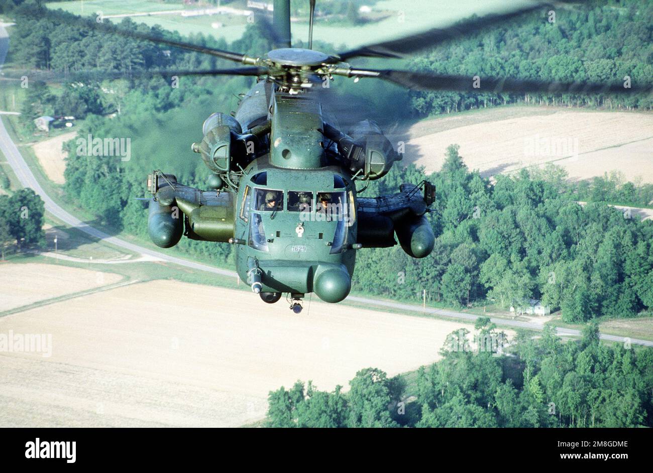 An air-to-air front view of a 20th Special Operations Squadron MH-53J ...
