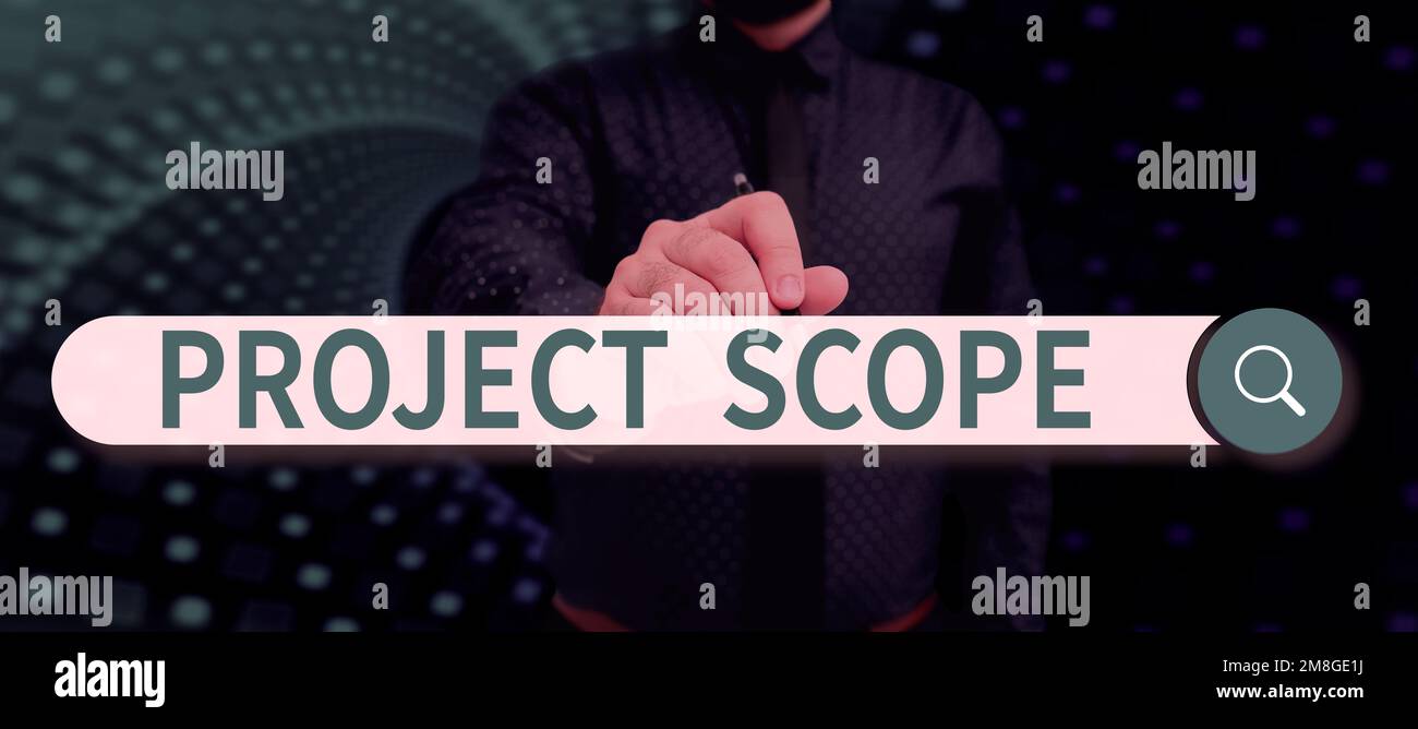 Sign displaying Project Scope. Word Written on evaluation of work ...