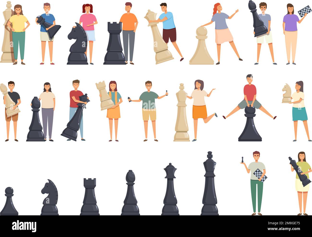 Children playing chess icons set cartoon vector. Game board. Kids play ...