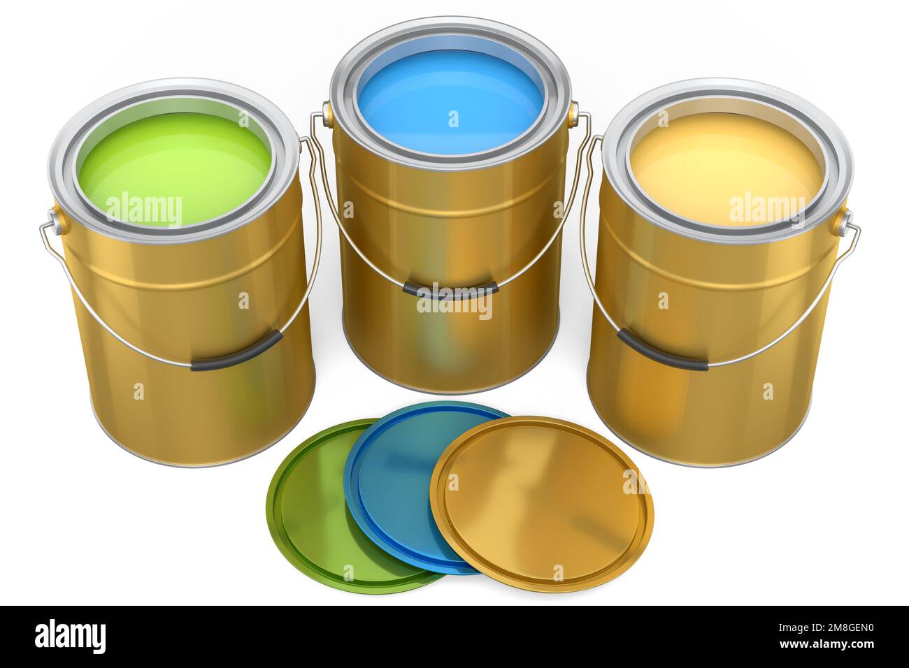 Set of open metal can or buckets of paint with handle on white ...