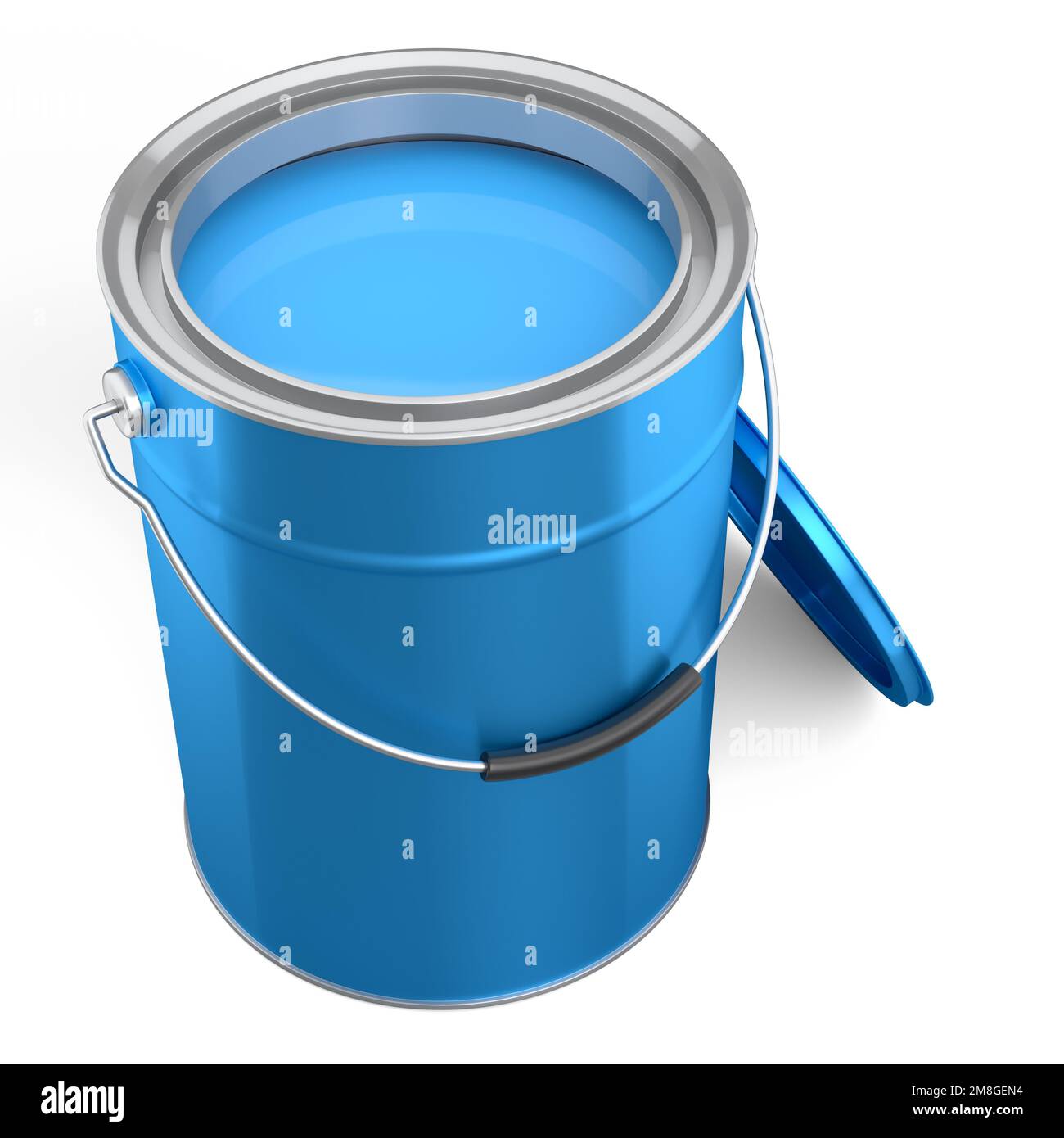 Open metal can or buckets of paint with handle on white background ...