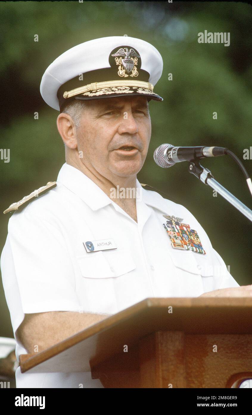VADM Stanely R. Arhthur, commander, Seventh Fleet, speaks during ...