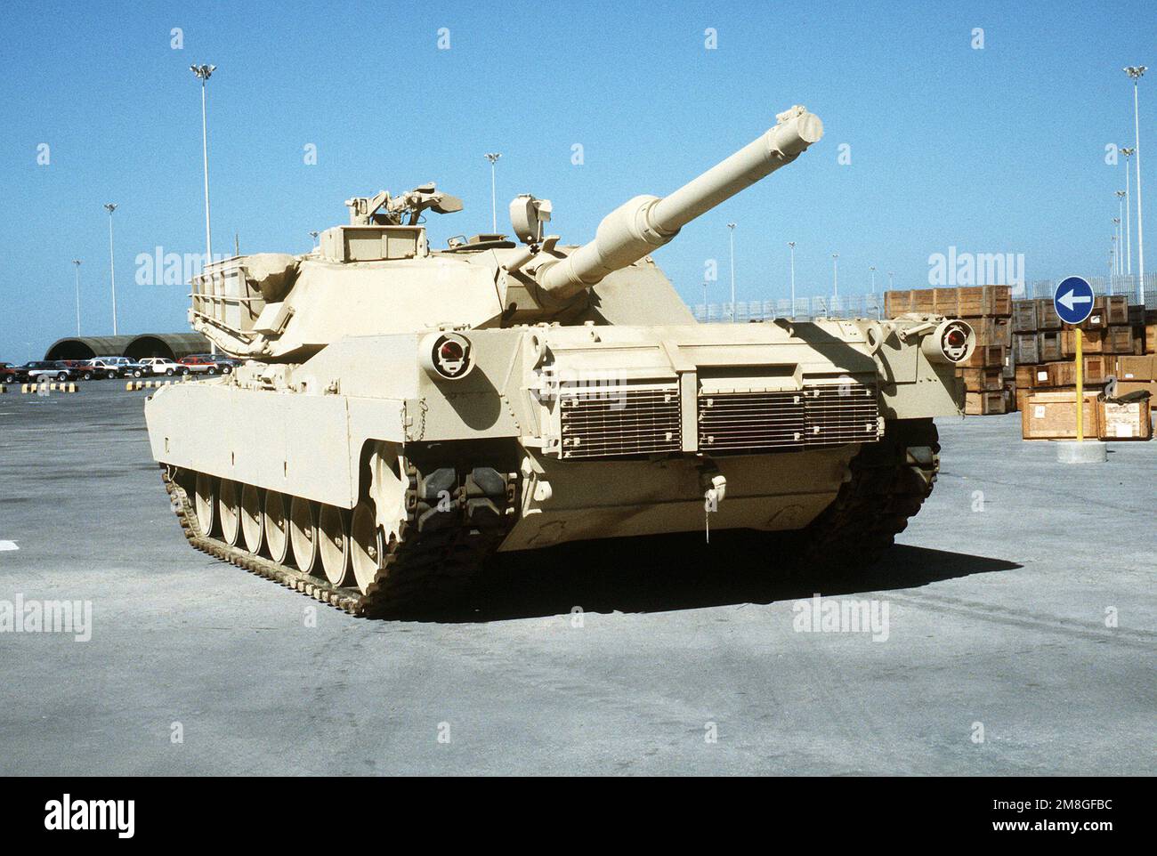 An M-1A1 Abrams main battle tank, freshly painted in desert camouflage ...