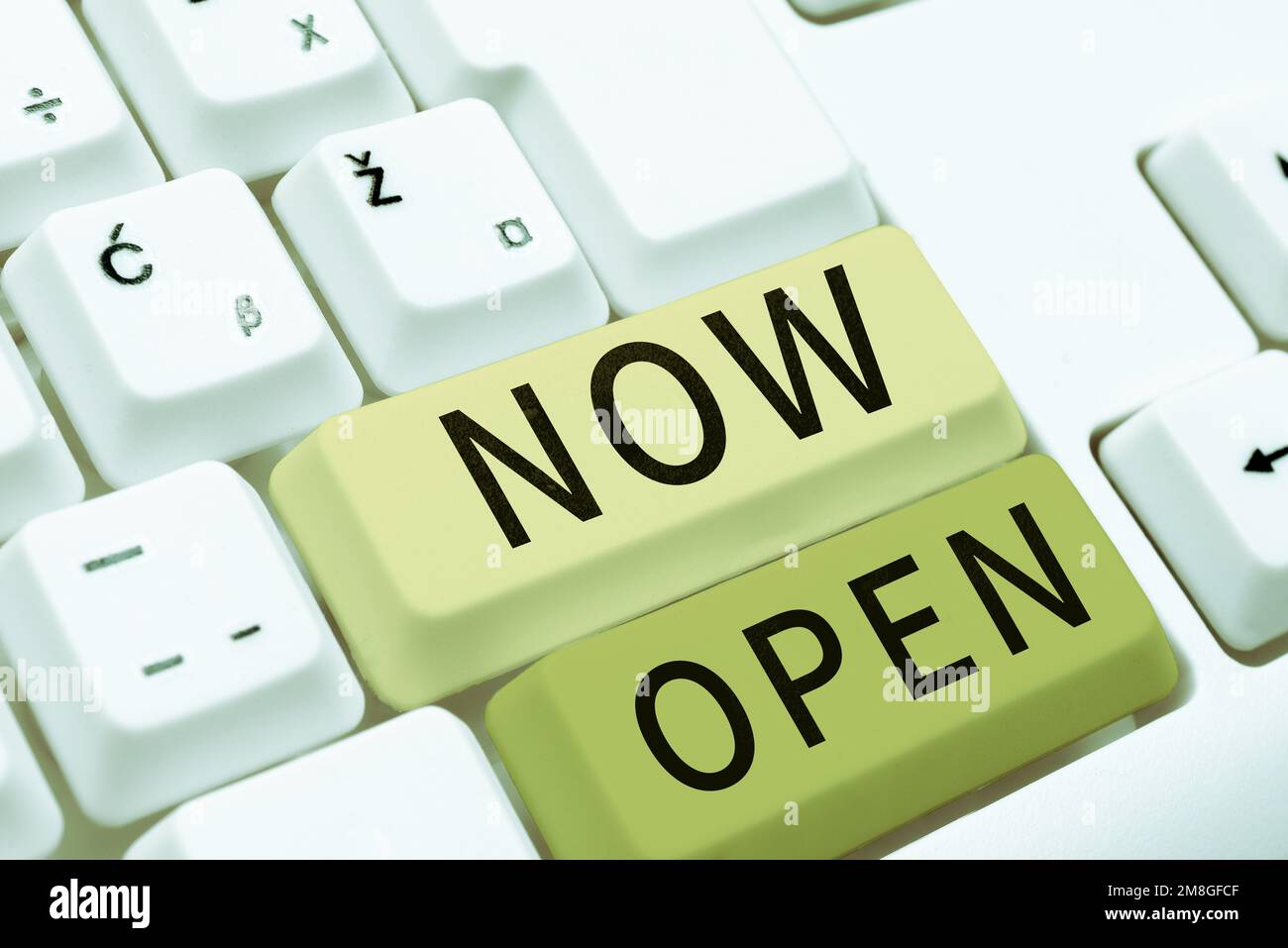 Hand writing sign Now Open. Business idea leave door or windows not ...