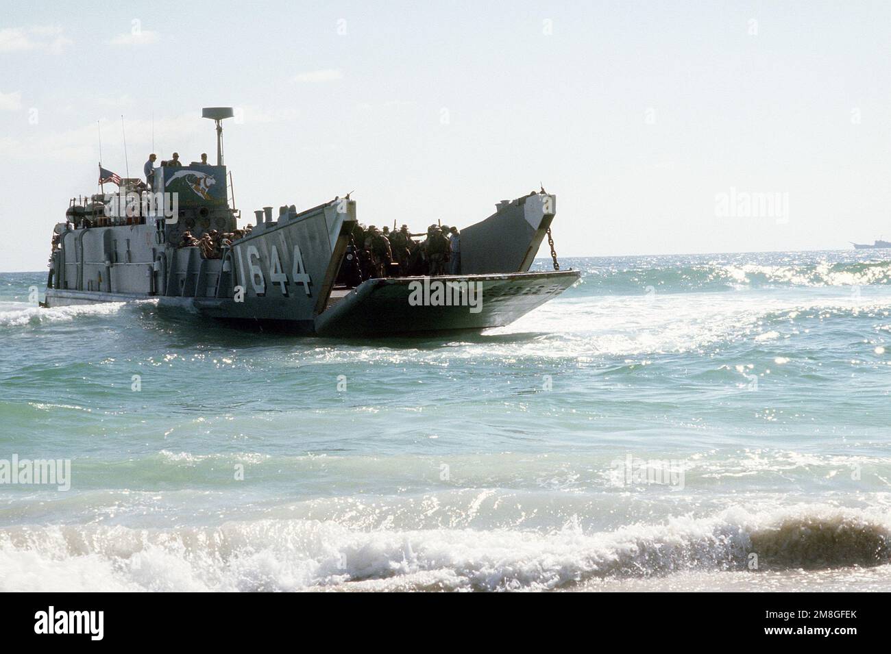 The bow ramp of utility landing craft LCU-1644 from the amphibious ...