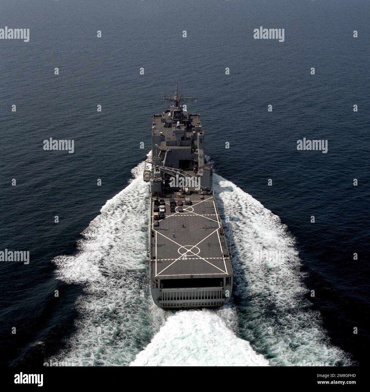 A stern view of the dock landing ship ASHLAND (LSD-48) underway during ...