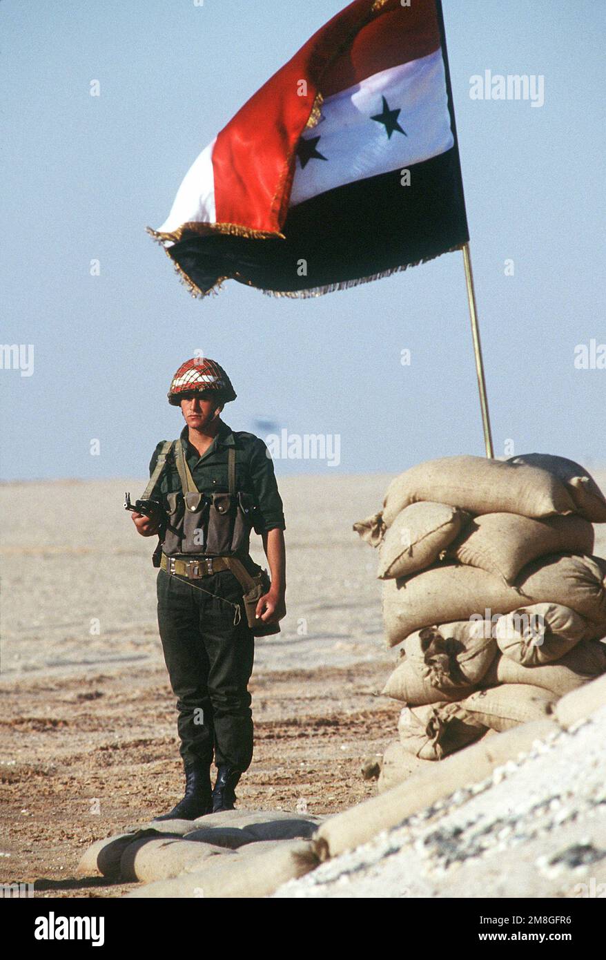 A member of a Syrian honor guard stands beside his country's flag as ...