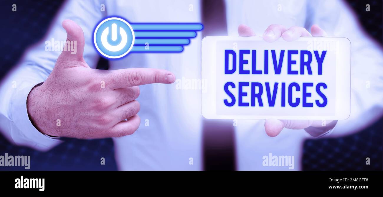 Hand writing sign Delivery Services, Business concept the transport of ...