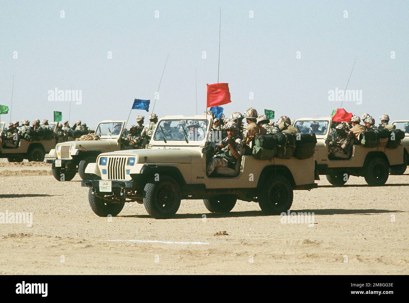 Crews of an Egyptian ranger battalion parade in Jeep light vehicles in ...