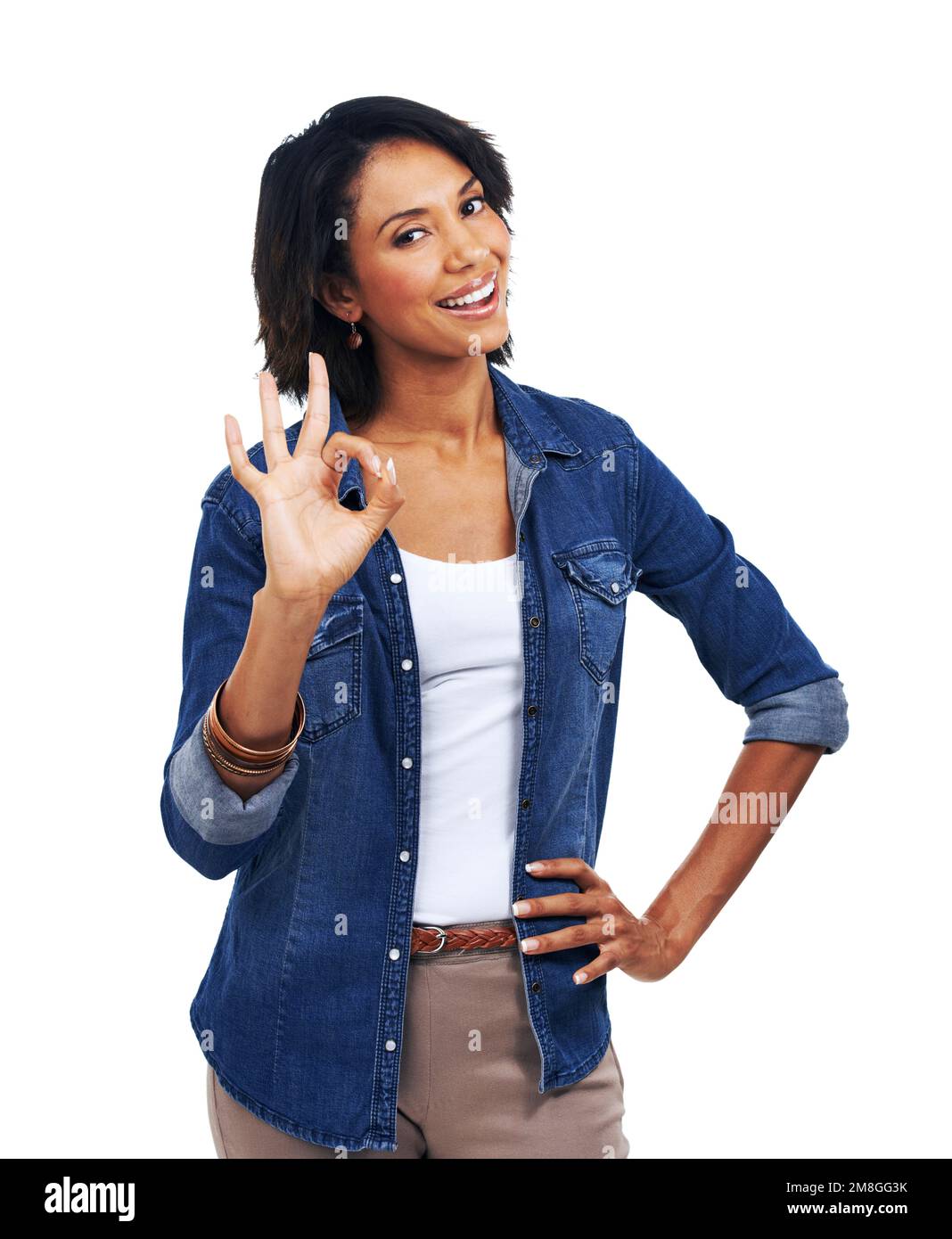 Hand signal, ok and portrait of black woman with smile on face ...