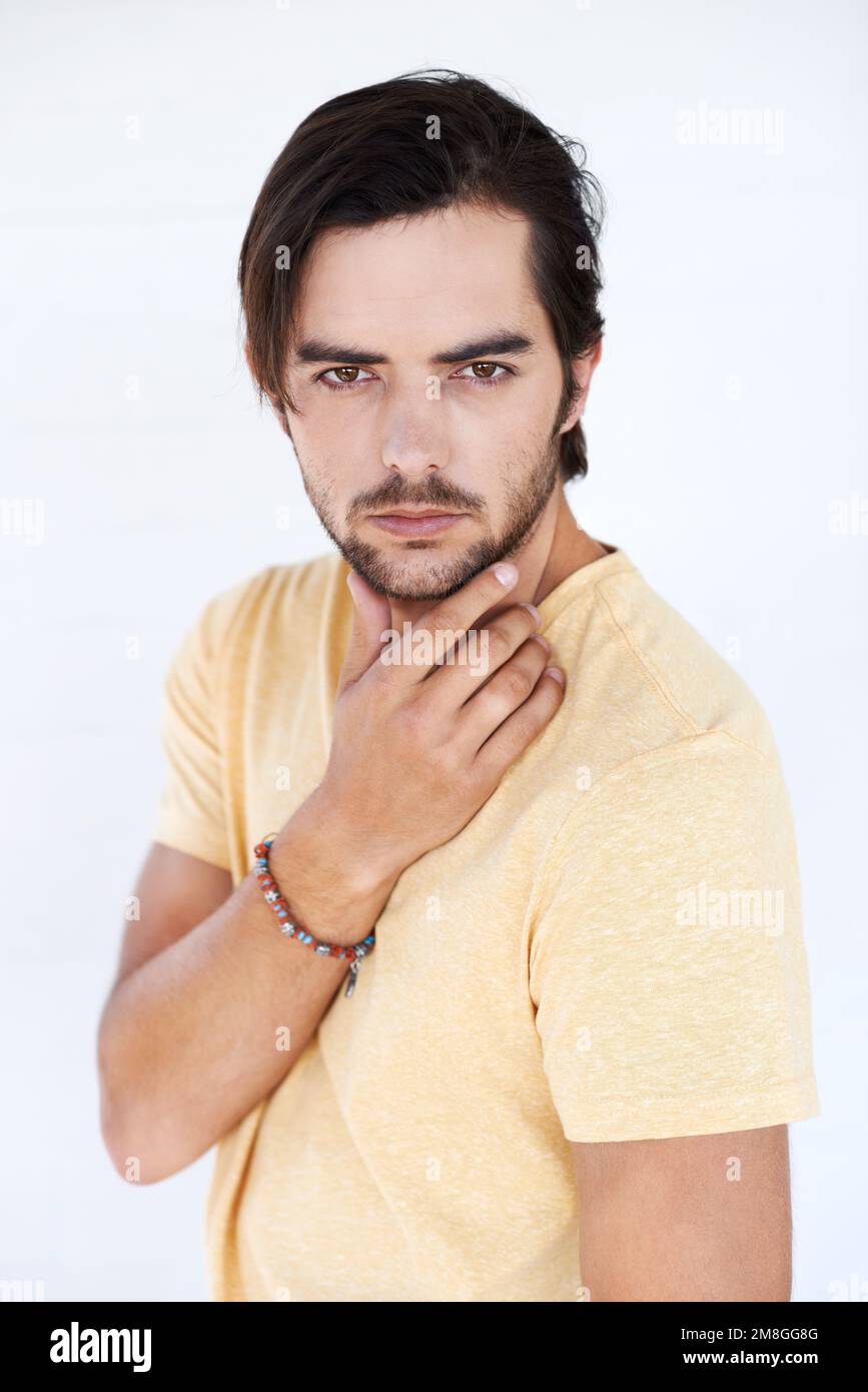 Idea, studio portrait and man thinking, focus and contemplating problem ...