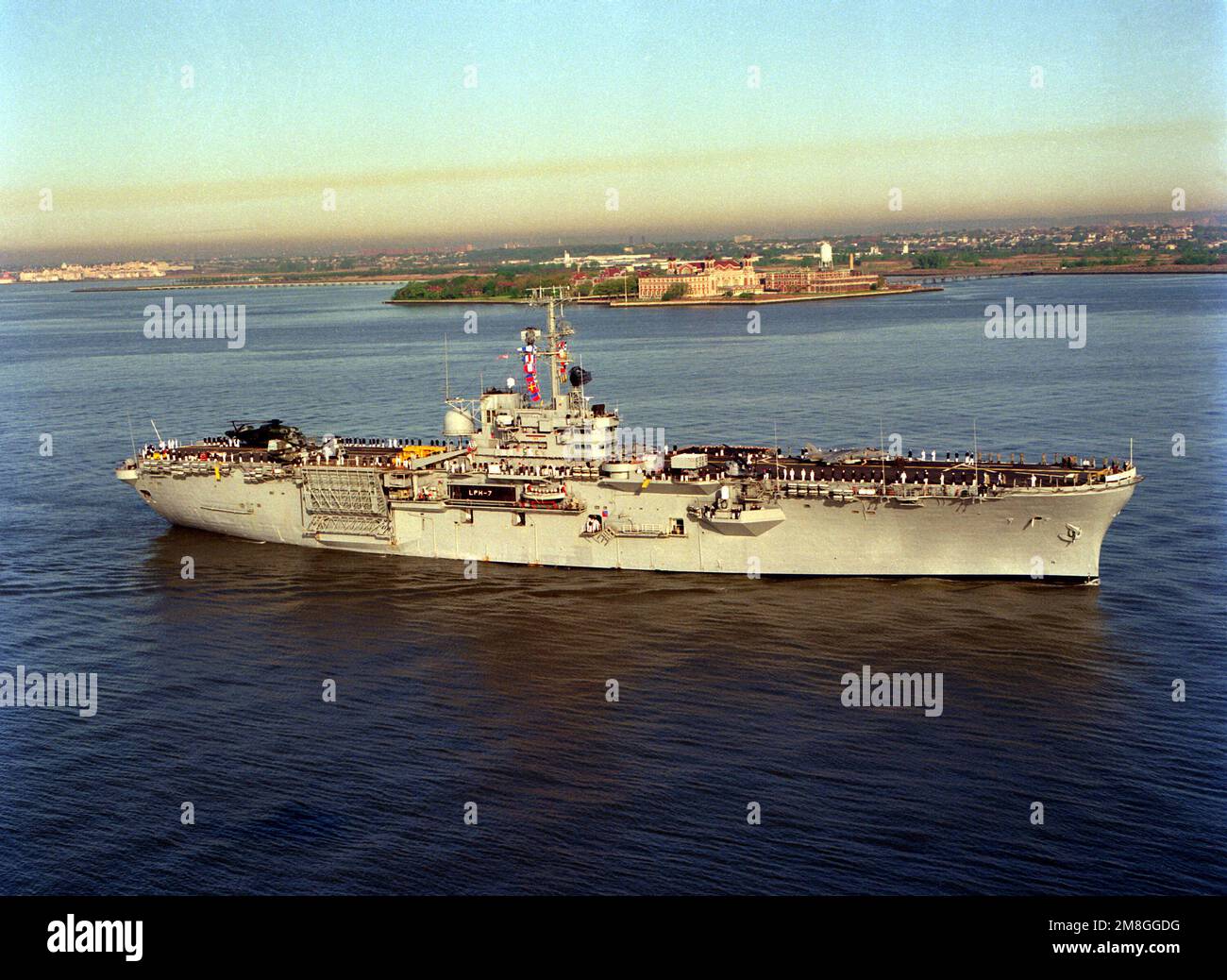 An aerial starboard side view of the amphibious ship USS GUADALCANAL ...