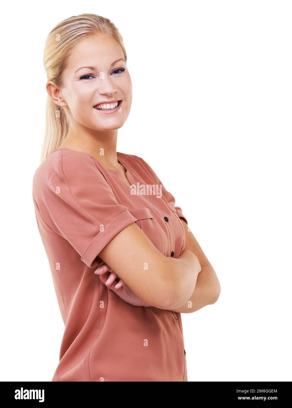 Happy, portrait and woman with crossed arms in studio with smile ...