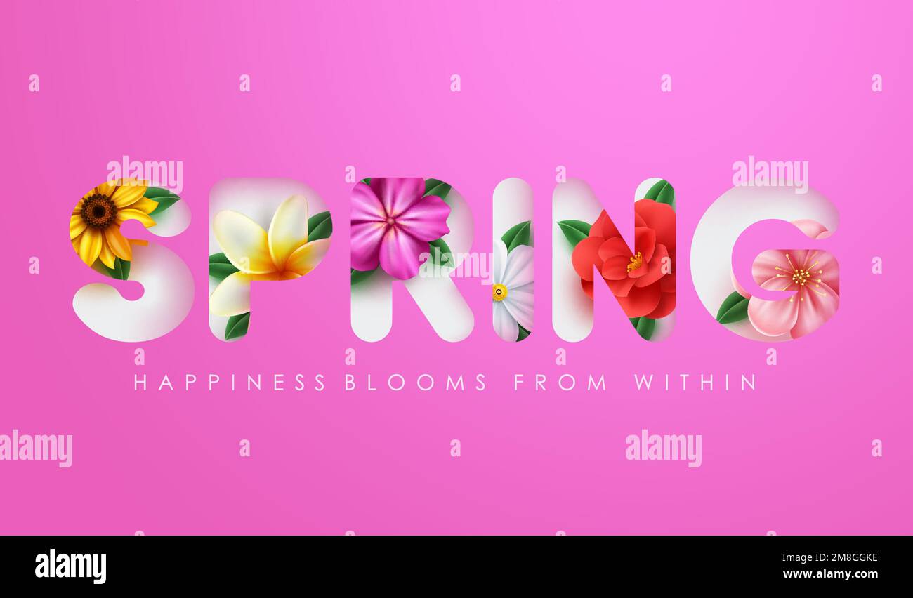 Spring vector design. Spring happiness blooms from within text with ...