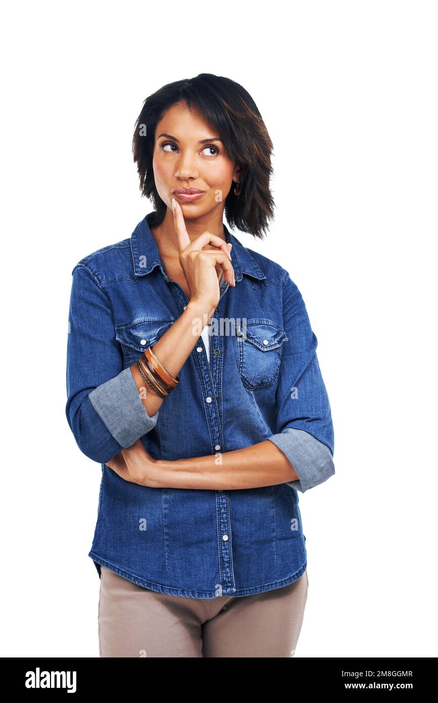 Doubt, thinking and black woman on studio background question ideas ...
