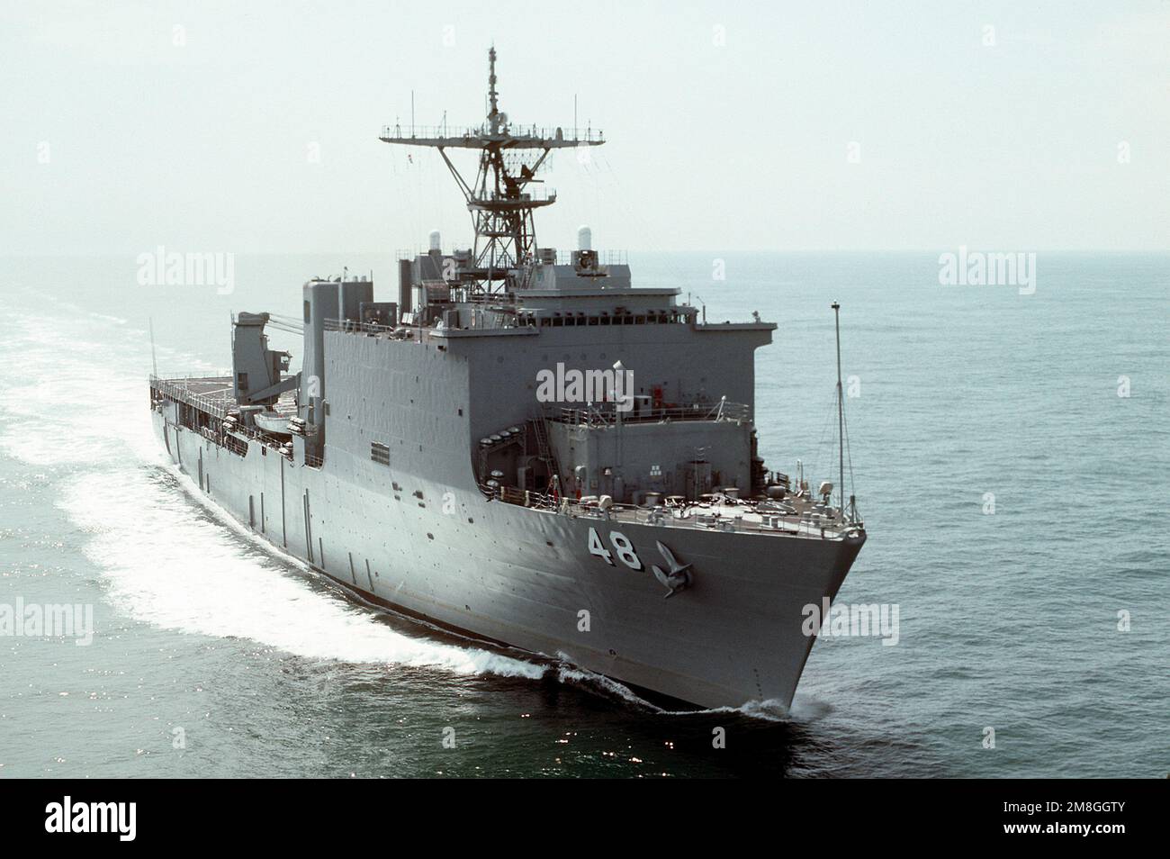 A starboard bow view of the dock landing ship USS ASHLAND (LSD-48 ...