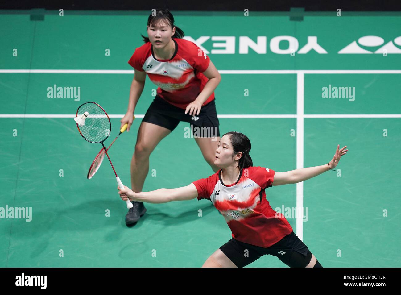 South Korea's Lee Yu-lim, front and Baek Ha-na plays a shot against ...