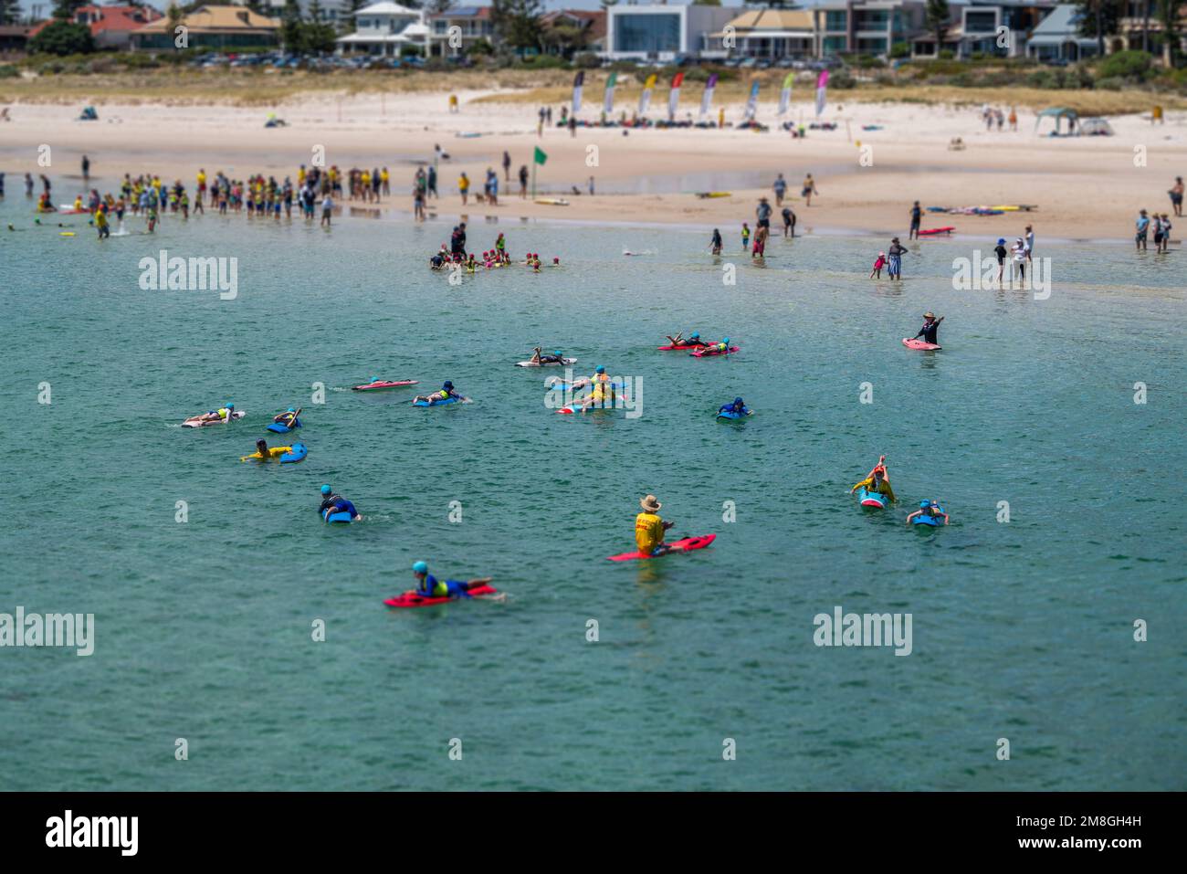 14 January View of beachgoers, Grange Beach, (using tilt shift method) Adelaide, Australia Stock ...